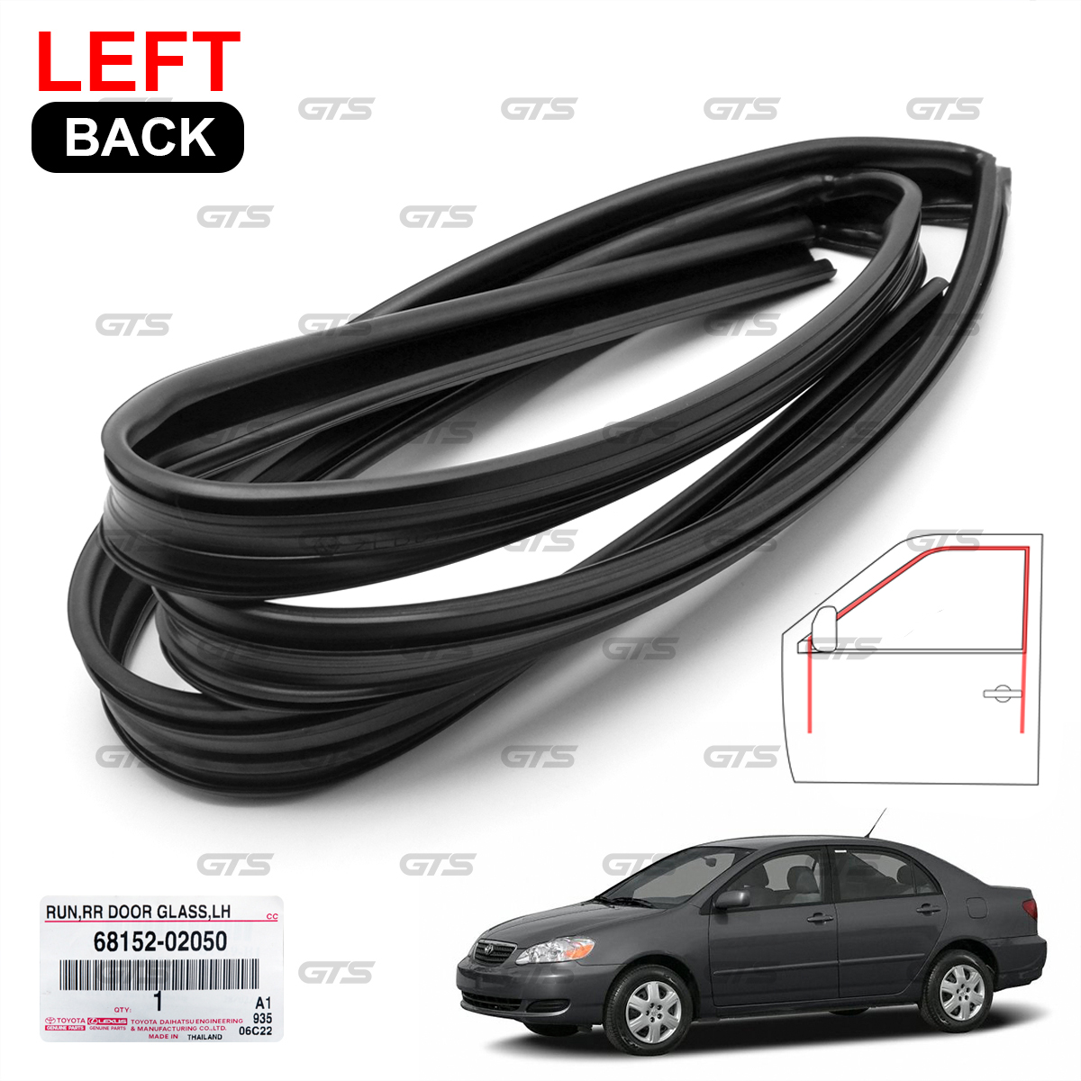 Fits Toyota Corolla Altis Sedan 2002 - 06 Rear LH Door Glass Run ...